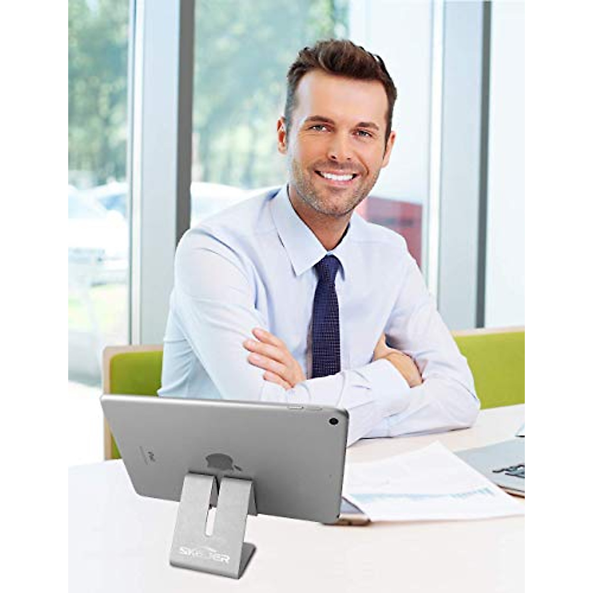SKEJER Cell Phone Stand, Cellphone Hold, Tablet Dock with Anti-Slip Base, Aluminum Desktop Holder Bracket Compatible with All Smart Phone and Tablets Under 10 Inches-Silver