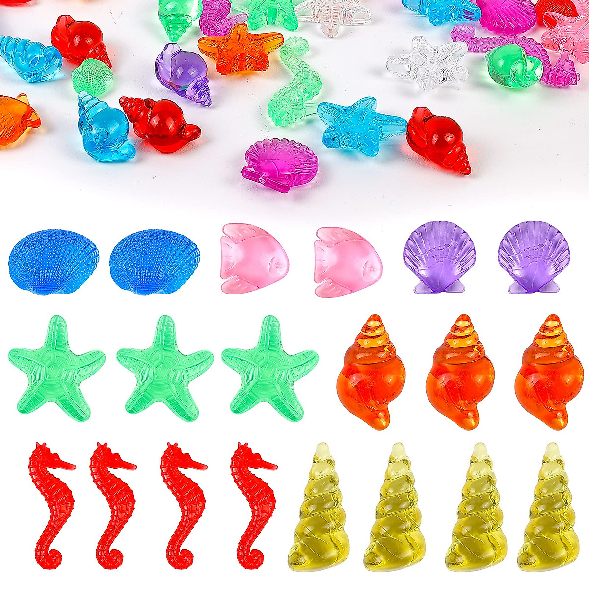 HAPTIME 100 Pcs Sensory Bin Filler, Mini Resin Figures, Plastic Seashells Under The Sea, Little Mermaid Table Decorations, Sea Shells for Crafting, Vase Filler, Diving Gem Pool Toys for Kids
