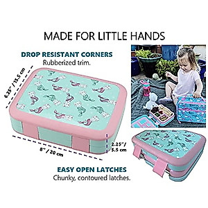 kinsho Bento Lunch Box and Matching Lunch Bag with Ice Pack Set for Girls, Toddlers (Pink Aqua Mermaid Cats)
