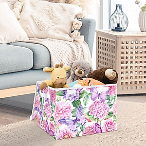 MFTJYO Storage Bin with Lid Purple Hydrangea Pink Roses Foldable Storage Box Washable Fabric Storage Cubes Bin Organizer Basket Closet for Home Bedroom Closet Nursery Office
