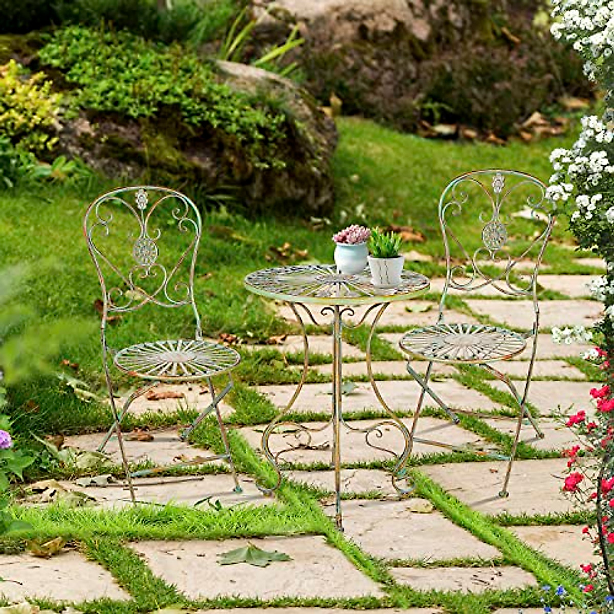 Sungmor Indoor Outdoor Bistro Table, Garden Patio Balcony Metal Table Furniture, One Piece Antique Green 22.8D*29.5H Small Round Table, Decorative Pretty Table with Rustic Style and Unique Pattern