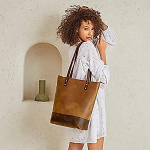 S-ZONE Women Vintage Genuine Leather Tote Bag Shoulder Purse Handbag Two Tone with a Luggage Sleeve