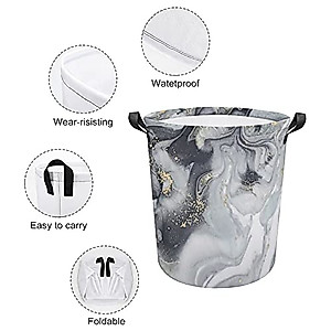 Laundry Hamper Basket Grey Marble Laundry Bag Stylish Collapsible Oxford Cloth Home Storage Bin with Handles