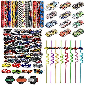 108PCS Race Car Party Favors Car Themed Birthday Party Goodie Bags Stuffers with Party Straw, Bubble Slap Bracelet,Race Cars,DIY Car Stickers,Pencil Caps Suitable Race Car Party