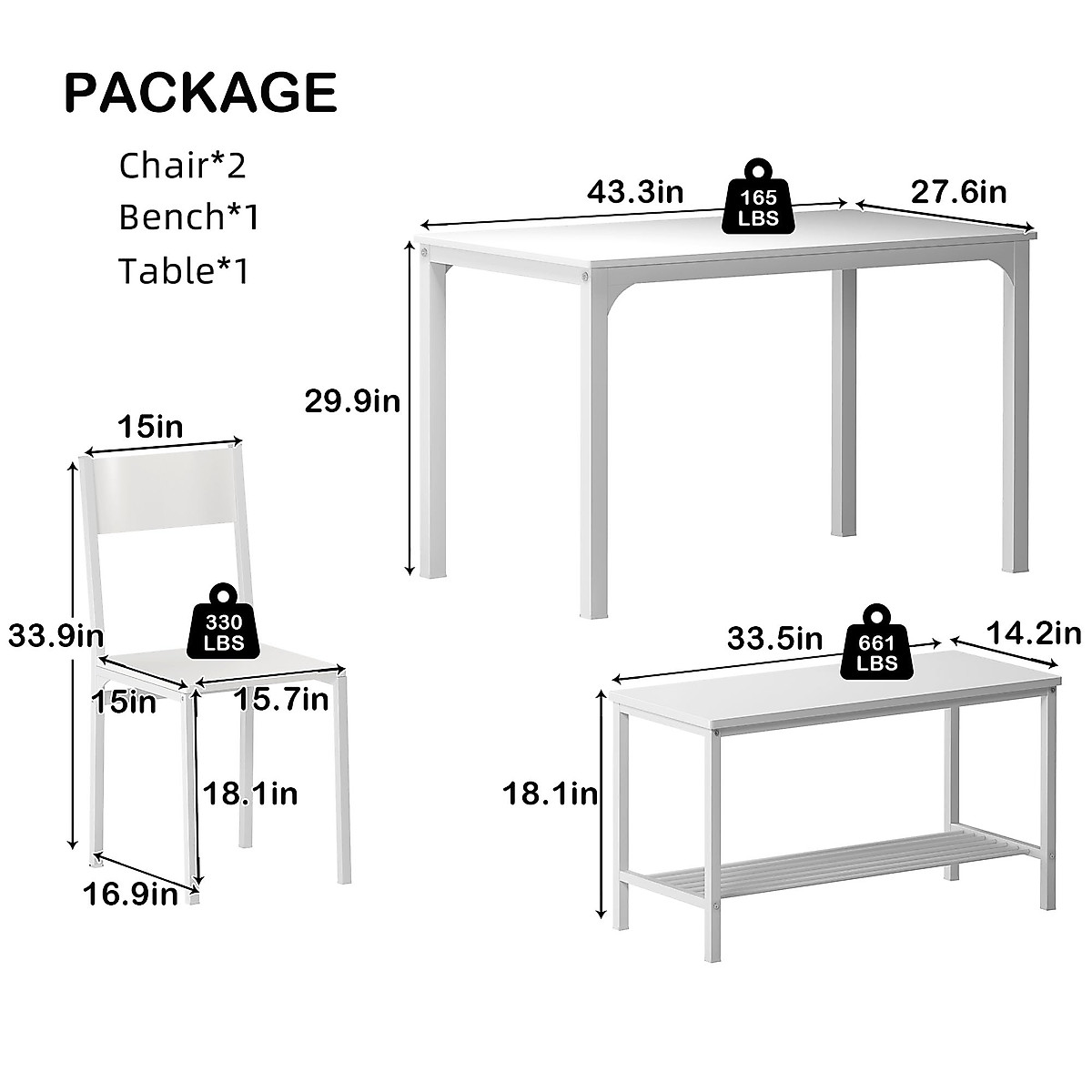 sogesfurniture 4 Piece Dining Table Set, Dinette Set Kitchen Table with Bench and Chairs, Kitchen Dinner Table with Benches for 4, Includes Table, 2 Chairs & Bench,White