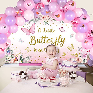 Butterfly Baby Shower Decorations Set a Little Butterfly Is on the Way Photography Backdrop Pink Purple Balloon Garland Arch Kit Butterfly Tablecloths for Baby Girls Shower Supplies Decor
