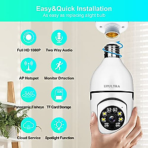 light bulb Security Camera Wireless 1080P, PTZ E27 360 Degree Panoramic Wireless Connector with WiFi,Smart Motion Detection and Alarm,Two Way Audio,Night Vision, Remote Viewing with 64GB Memory Card