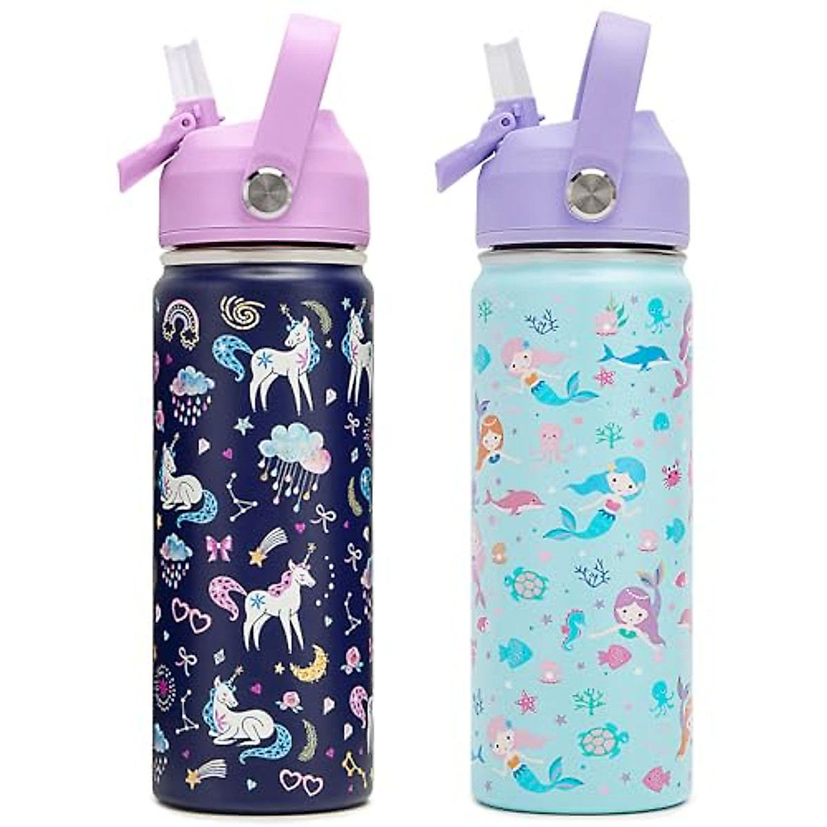 ACESAK 18oz Kids Insulated Water Bottle with Straw Lid - 18/8 Stainless Steel Kid Cup Travel Tumbler Double Wall Vacuum Leak Proof Portable Toddler Water Bottle (Unicorn + Mermaid)