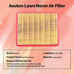 Aouton 951-15245 Air Filter for MTD 751-15245 Cub Cadet 490-200-M065 159cc 1X65 5X65 6X65 8X65 Engines 196cc 5X70 6X70 7X70 SC 700 E Self Propelled Troy-Bilt TB230 Engine Lawn Mower