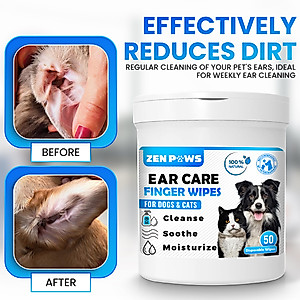 Zenpaws Dogs & Cats Ear Cleaner Finger Wipes - Relieve Ear Itching & Inflammation - Reduce Dirt, Odor and Wax Build - Natural Ingredients - Sooths & Deodorizes – 50 Count