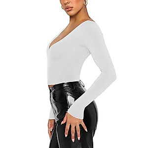 REORIA Womens Sexy Casual Plunge Deep V Neck Long Sleeve V Backless Double Lined T Shirts Fall Trendy Going Out Fitted Crop Tops Tees White Large