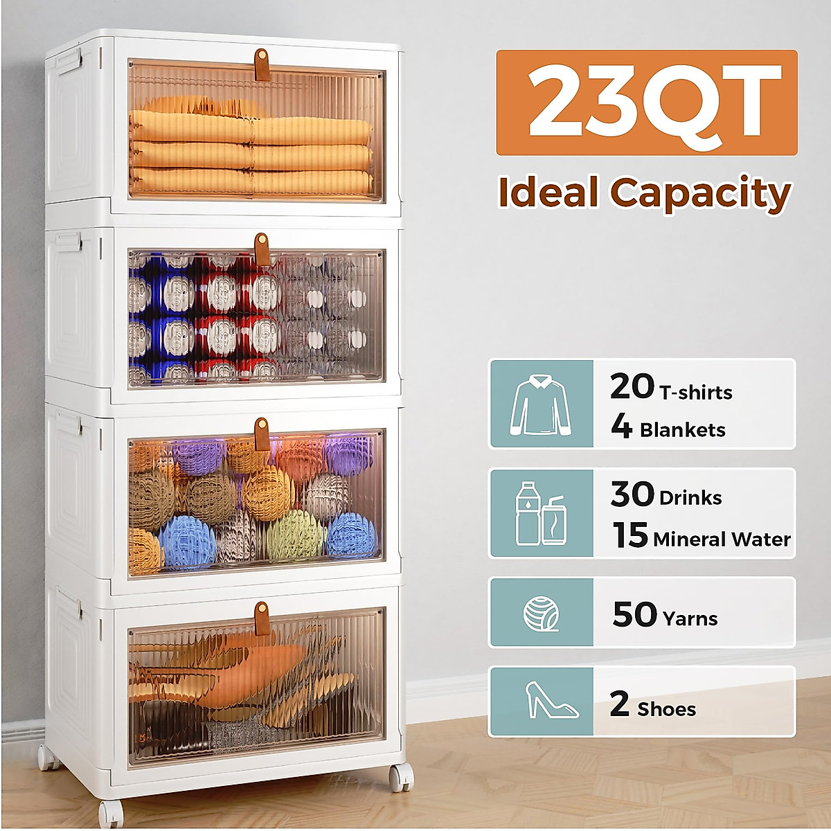 4 Tier Stackable Plastic Storage Bins with Lid and Wheels - 23 QT Closet Organizers and Storage, Foldable Storage Containers, Organization and Storage Boxes for Craft, Home, Pantry, Office, Dorm