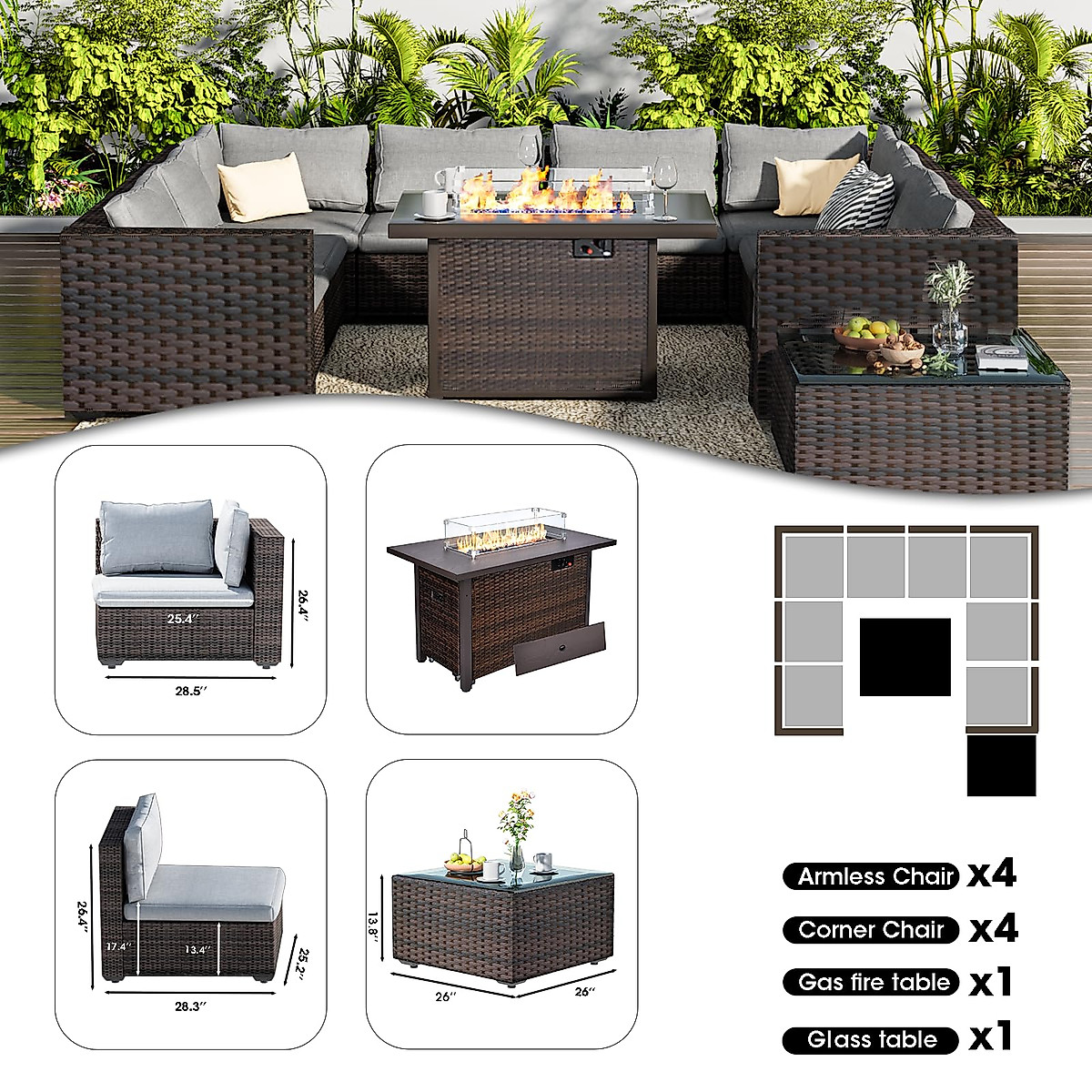 GREZJXC 14 Pieces Outdoor Sectional Patio Furniture Set with Fire Pit Table,PE Rattan Wicker Patio Sectional Conversation Set with Cushions and Glass Coffee Table Grey