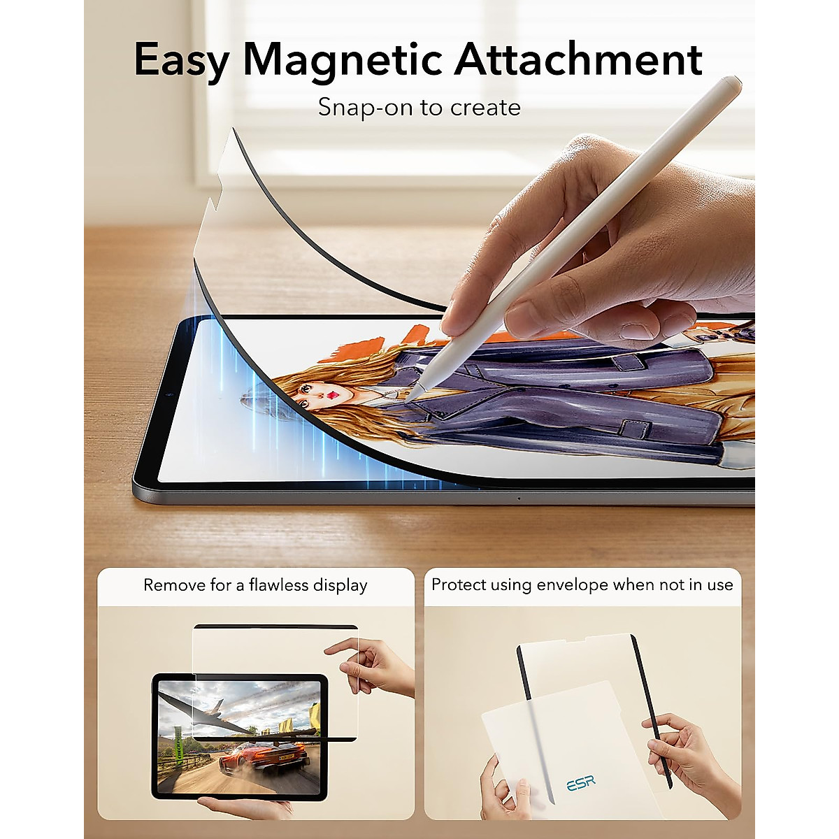 ESR for iPad Pro 12.9 Inch Paper-Feel Magnetic Screen Protector 6th/5th/4th/3rd Generation (2022/2021/2020/2018), Write and Draw Like on Paper, Detachable and Reusable, Matte Finish