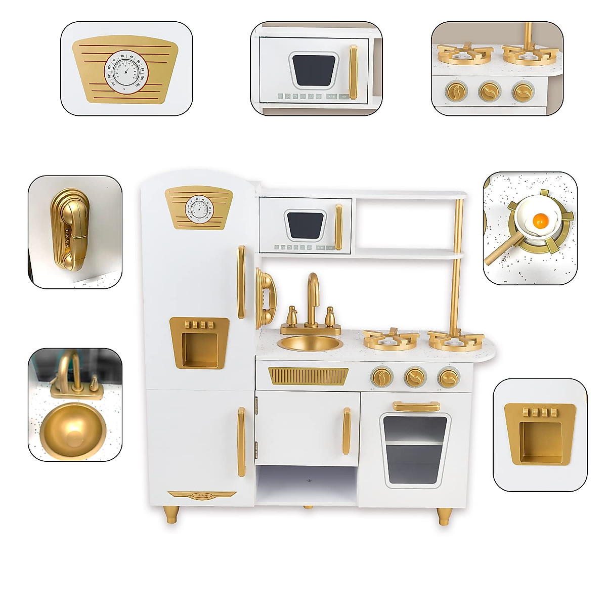 WoodenEdu Kitchen Playset for Kids Ages 3-8, Wooden Pretend Play Kitchen, Incloud Telephone, Ice Maker, Refrigerator, Dimensions: 35” H x 31” W x 12” D (White)