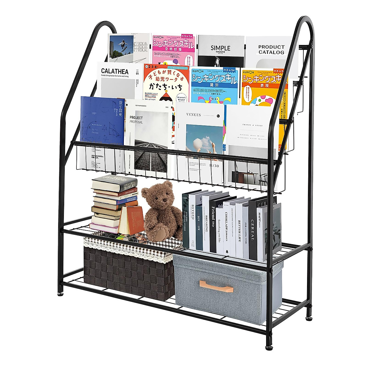 Bookshelf,Large Black Bookcase,Large Capacity Books Toys Organizer,Kids Black Bookshelf LargeFreestanding for Children Room,Stable Bookcase Bookstore Library Unit Storage Kids Bed Living Room