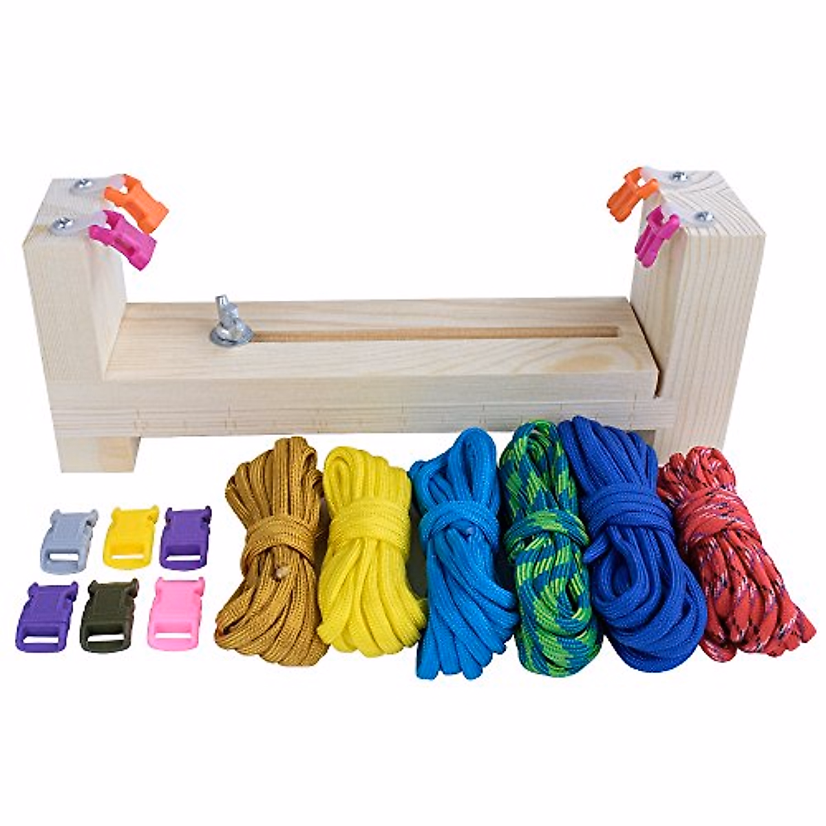 Adjustable Length Paracord Jig Bracelet Maker - Wooden Frame Jig - Paracord Braiding and Weaving DIY Craft Tool Kit - 550 Paracord and Buckles Included