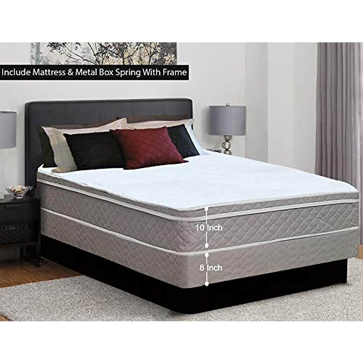 Mattress Comfort Medium Plush Eurotop Pillowtop Innerspring Mattress And 8" Metal Boxspring/Foundation Set, With Frame, Queen Size, off-white
