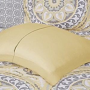 Madison Park Essentials Serenity Bed in a Bag Comforter Set, Medallion Damask Design, All Season Bedding with Cotton Sheet Set, Bedskirt, Queen(90"x90"), Yellow 9 Piece