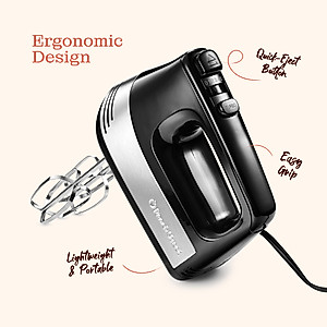 Powerful Electric Kitchen Hand Mixer, 200 Watts, 5 Speed Food Handheld Mixer, with Turbo Button, Dough, Whisk and Beater Attachments, and Accessory Bin, for Dough, Eggs, Batter, (White)