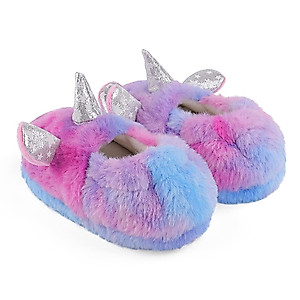 KAKU NANU Toddler Rainbow Slippers Cute Fluffy Slipper Animal House Shoes for Girls Boys (Colorful,5-6 Toddler)