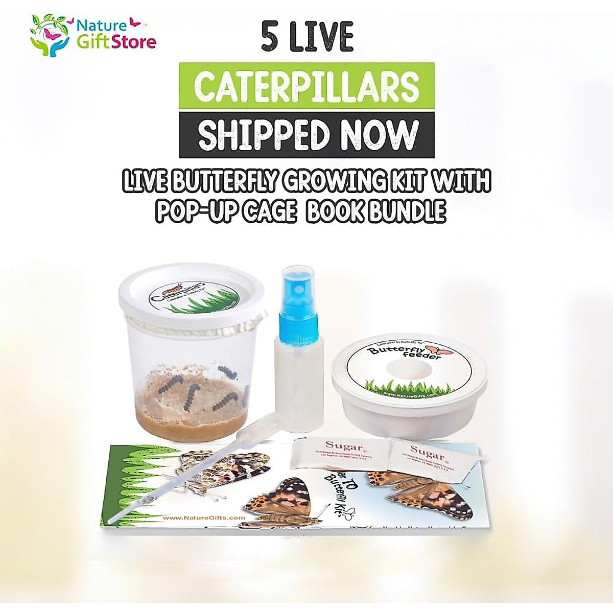 Live Butterfly Growing Complete Kit - Includes 5 Live Caterpillars - All-in-One Set with Net Cage, Food, and Rearing Supplies - Book Bundle