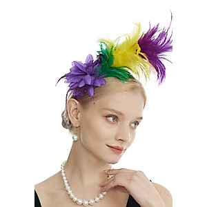 LyMet Women's 1920s Feather Fascinator Headband, Tea Party Flower Headpiece Derby Hat for Cocktail Gatsby Wedding (Purple Yellow Green)