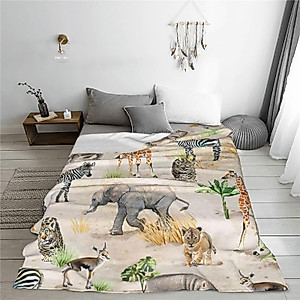 Zoo Animals Blanket African Safari Animals Elephant Tiger Giraffe Zebra Rhinoceros Decor Throw Blanket Gifts for Girls Boys Women Super Warm Soft Plush Fleece Flannel Blanket for Kids Adults 50"X40"