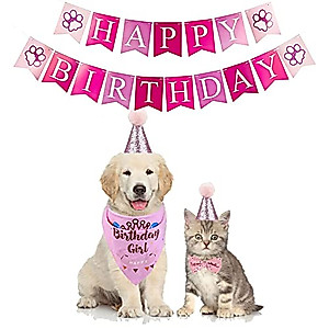Dog Birthday Party Supplies-Dog Birthday Set with Dog Bandanas,Dog Hat，Dog Collar and Birthday Banner,Dog Party Decorations for Small Medium Large Dog Pet. (Pink)
