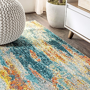 JONATHAN Y CTP106B-4 Contemporary POP Modern Abstract Vintage Waterfall Blue/Cream/Yellow 4 ft. x 6 ft. Area-Rug, Bohemian,Easy-Cleaning,ForBedroom,Kitchen,LivingRoom, Non Shedding