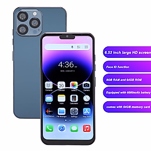 ciciglow I14 Pro Max Smartphone, 6.53 Inch 4G Mobile Phone, 8GB RAM 64GB ROM, 8MP+8MP Camera, 1440x3200 HD Display, 6000mAh, WiFi, BT, Face ID (US Plug)