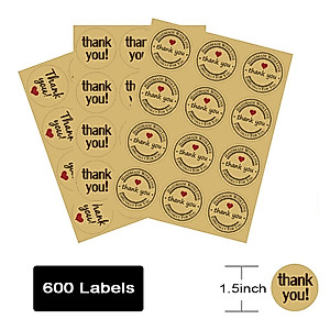 Thank You Stickers | 600 Labels Per | 1.5" Round | 10 Style Designs Vintage Yellow Kraft Sticker for Christmas Thanksgiving Birthdays Party Weddings Giveaways, Perfect for Small Business Gift Bags