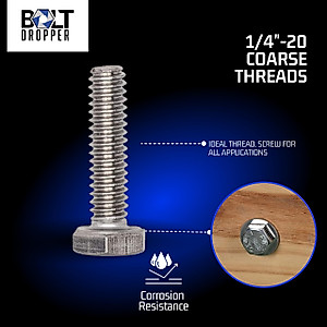 Bolt Dropper 1/4"-20 x 1 Stainless Steel Hex Head Bolts (100 pc) - 18-8 (304) Stainless Steel, Corrosion-Resistant - Heavy-Duty for Marine, Outdoor and Indoor Use - Coarse Thread Fasteners