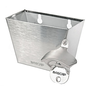 MAGCAP Magnetic Wall Mounted Bar - Style Bottle Opener and Bottle Cap Catcher Set for Beer and Sodas - Stylish, Easy to Install and Effortless to Use - Collects the Caps so You Don't Have to!