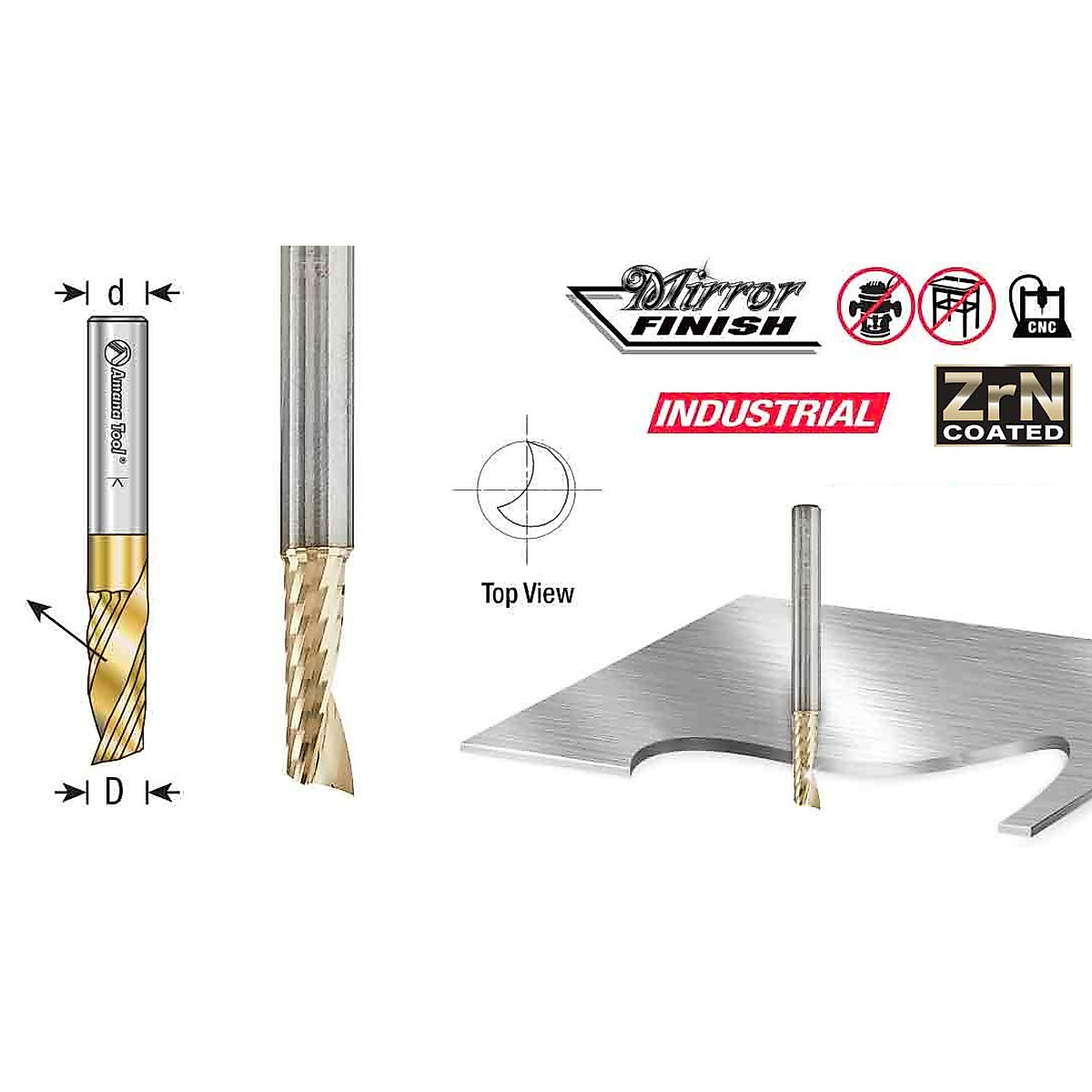 Amana Tool 51481-Z CNC SC Spiral O Single Flute Aluminum Cutting 1/4 D x 1-1/4 CH x 1/4 SHK x 3 Inch Long Up-Cut ZrN Coated Router Bit withMirror Finish