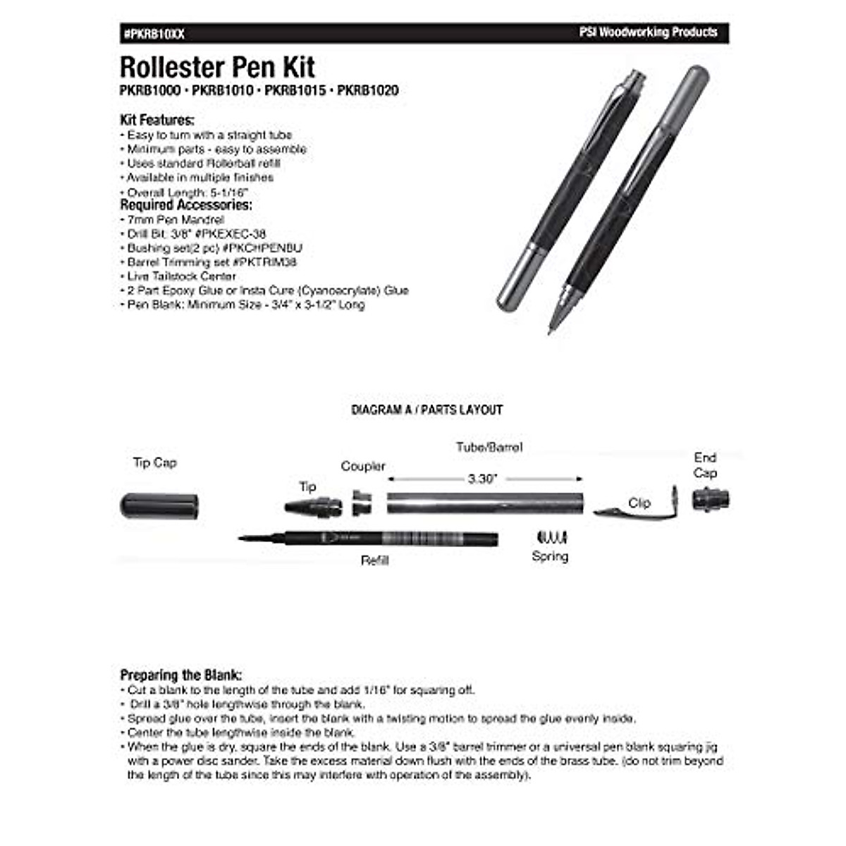 Penn State Industries PKRB1000SS Rollester Rollerball Pen Kit Starter Package Woodturning Project