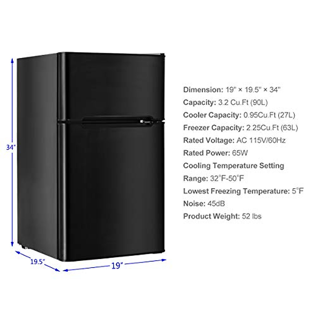 Toolsempire Mini Fridge,3.2 Cu.FT Compact Refrigerator with Freezer, Dual Door Refrigerator with Adjustable Temperature & Removable Glass Shelves, Mini Fridge for Dorm, Office, Bedroom, Kitchen(Black)