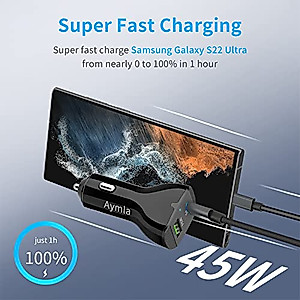 USB C Super Fast Charging Car Charger, Aymla 60W/45W/25W/15W PD[PPS] & QC3.0 Adaptive Adapter for Samsung Galaxy S23 Ultra/Plus/S22/S21, Note 20/10, Google Pixel, MacBook, iPad Pro - 6ft Type-C Cord