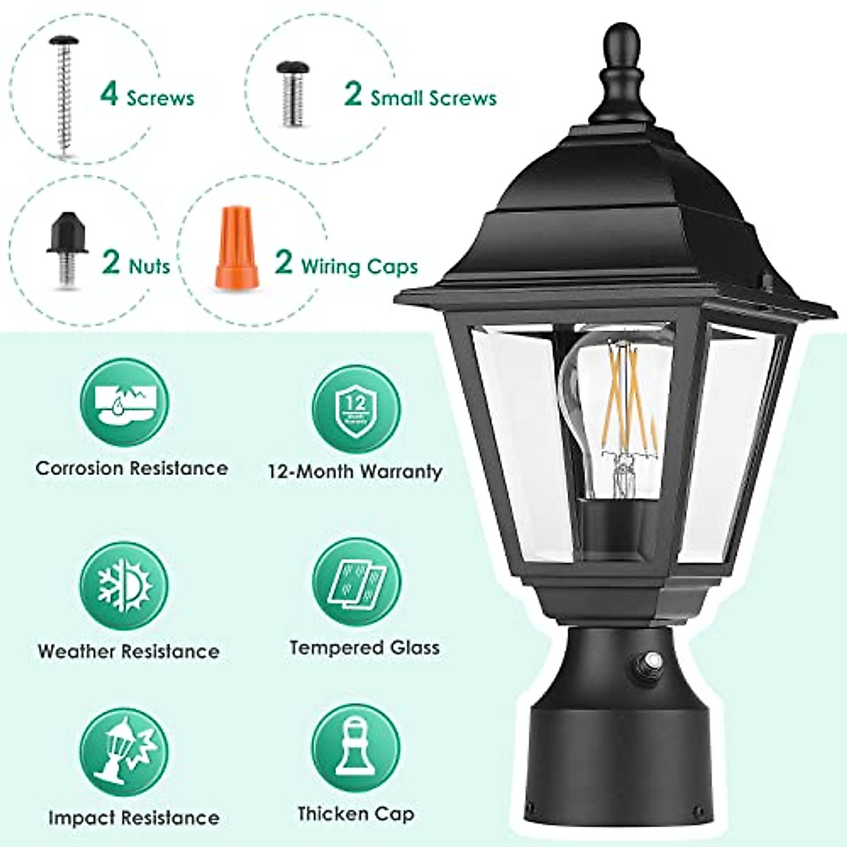 FOLKSMATE Dusk to Dawn Outdoor Post Lights, 2-Pack Waterproof Outside Post Lamps with Pier Mount, Exterior Pole Lantern with Clear Glass, Matte Black Post Light Fixture for Patio, Garden, Walkway