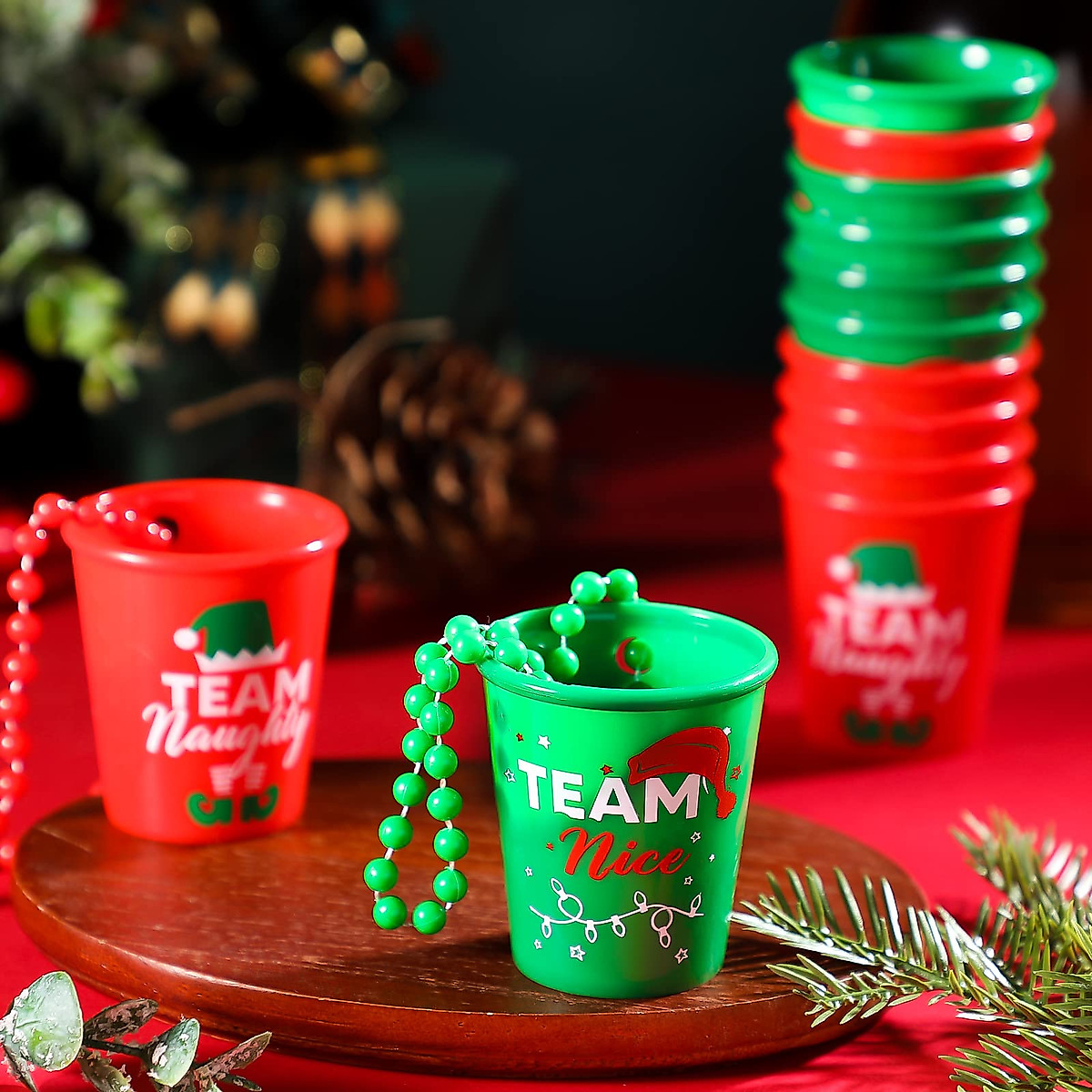 12 Pieces Christmas Shot Glass Necklace on Beaded Team Naughty Team Nice Shot Necklace Glass Plastic Red Beaded Necklace with Drinking Cup Green Shot Glasses for Christmas Party Decorations Supplies