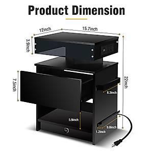 LAINELAND Night Stand Set 2,Nightstand with Charging Station,Induction Light and LED Light,Bedside Table with Drawers,Modern Nightstand End Side Table for Bedroom,Nightstands with Bookshelf,Black