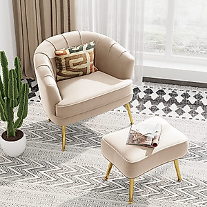 SHINEBOOM Velvet Accent Chairs with Ottoman for Living Room Bedroom Office Leisure Upholstered Single Sofa Chair Arm Chair Comfy Chair Reading Club Coffee Chair with Metal Legs, Beige