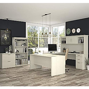 Bestar Logan U-Shaped Desk with Hutch, Lateral File Cabinet, and Bookcase, 66W, White Chocolate