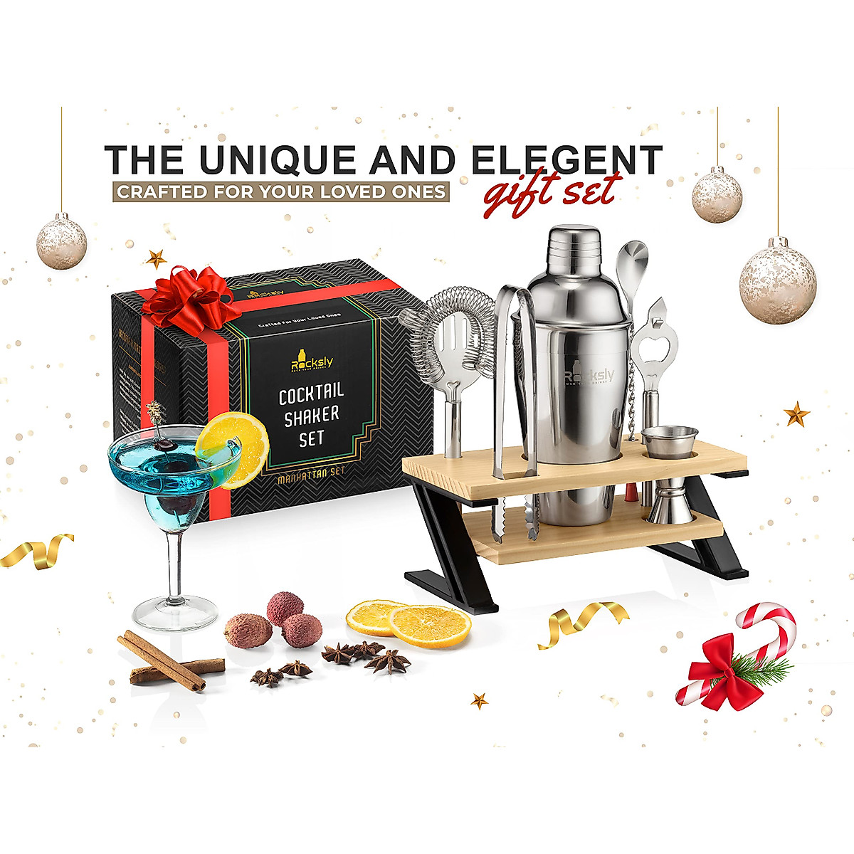 ROCKSLY MIXOLOGY BAR Set Premium Bartender Kit, Zig-Zag Tool Stand, 18 Oz Cocktail Shaker, Strainer, Jigger, Spoon, Tongs, Bottle Opener, Recipe Book