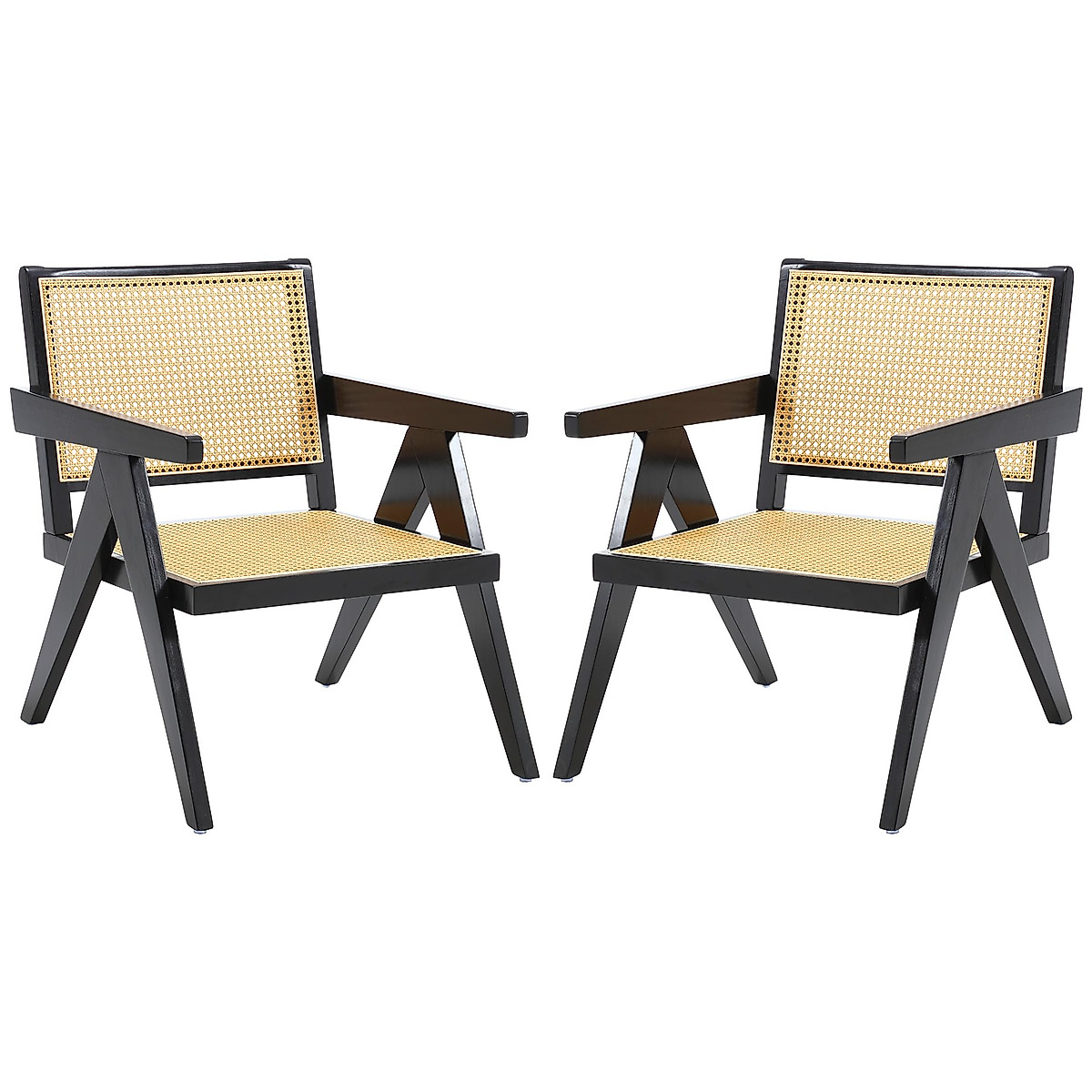 ABET Cane Accent Chairs Set of 2, Wooden Comfy Rattan Living Room Chairs with Woven Backrest & Seat, Solid Leisure Armchair, Mid-century Boho Cane Lounge Chairs for Bedroom, Patio, Balcony, Black