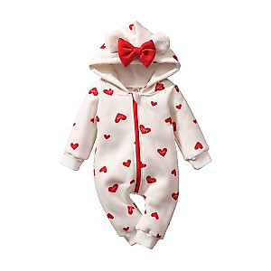 Newborn Baby Girl Valentine's Day Outfits Zipper Love Heart Hooded Romper Jumpsuit Fall Winter One Piece Clothes