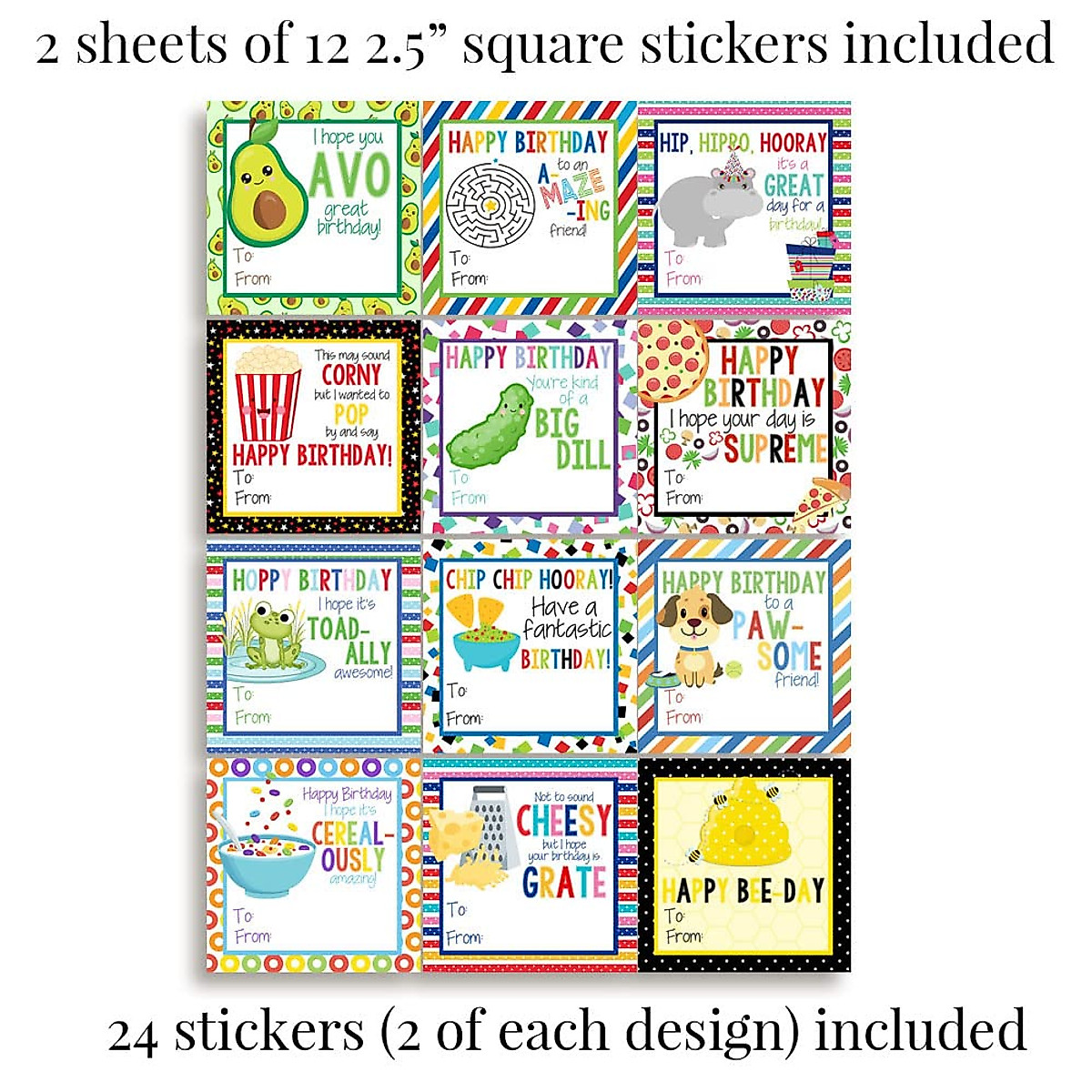 Happy Birthday Food & Animal Themed Gift Tag Stickers, Set of 24 2.5 X 2.5 Mixed Square Birthday Gift Labels by Amanda Creation