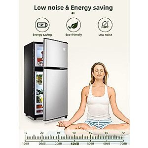 KRIB BLING 3.5 Cu.ft Compact Refrigerators with Freezer, Mini Fridge with 7 Level Temp Adjustable Thermostat, Small Fridge for Apartment, Office, Basement, Silver