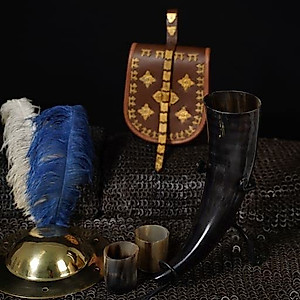 Mythrojan Drinking Horn Authentic Medieval Inspired Viking Wine/Mead Mug 650ml Bundle with Hand Forged Drinking Ale Horn Rack Twisted & Viking Norse Medieval Horn Shot Glass Pair