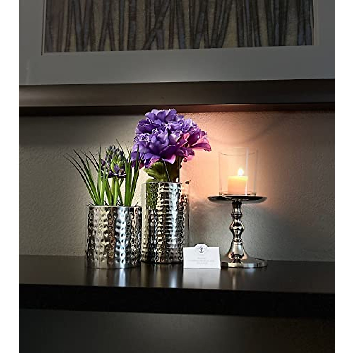 Hosley Set of 2 Silver Color Pillar (LED) Candle Holders 4" High Also usable as Vase. Ideal Gift for Wedding Party Home SPA Aromatherapy Reiki Votive Tea Light Candle Garden